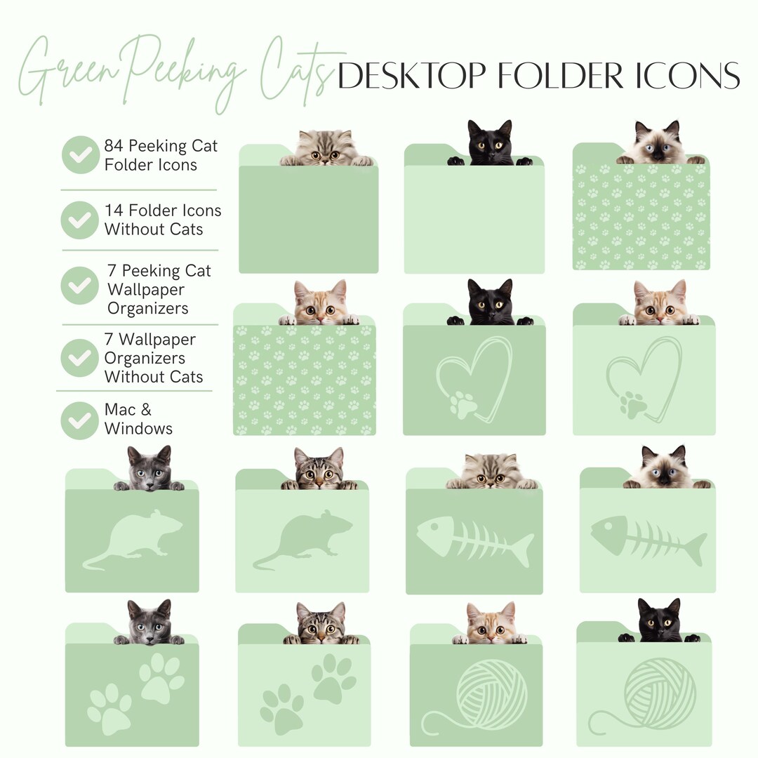 Peeking Cats Folder Icon Pack, Pastel Green Wallpaper Organizer, Cat ...
