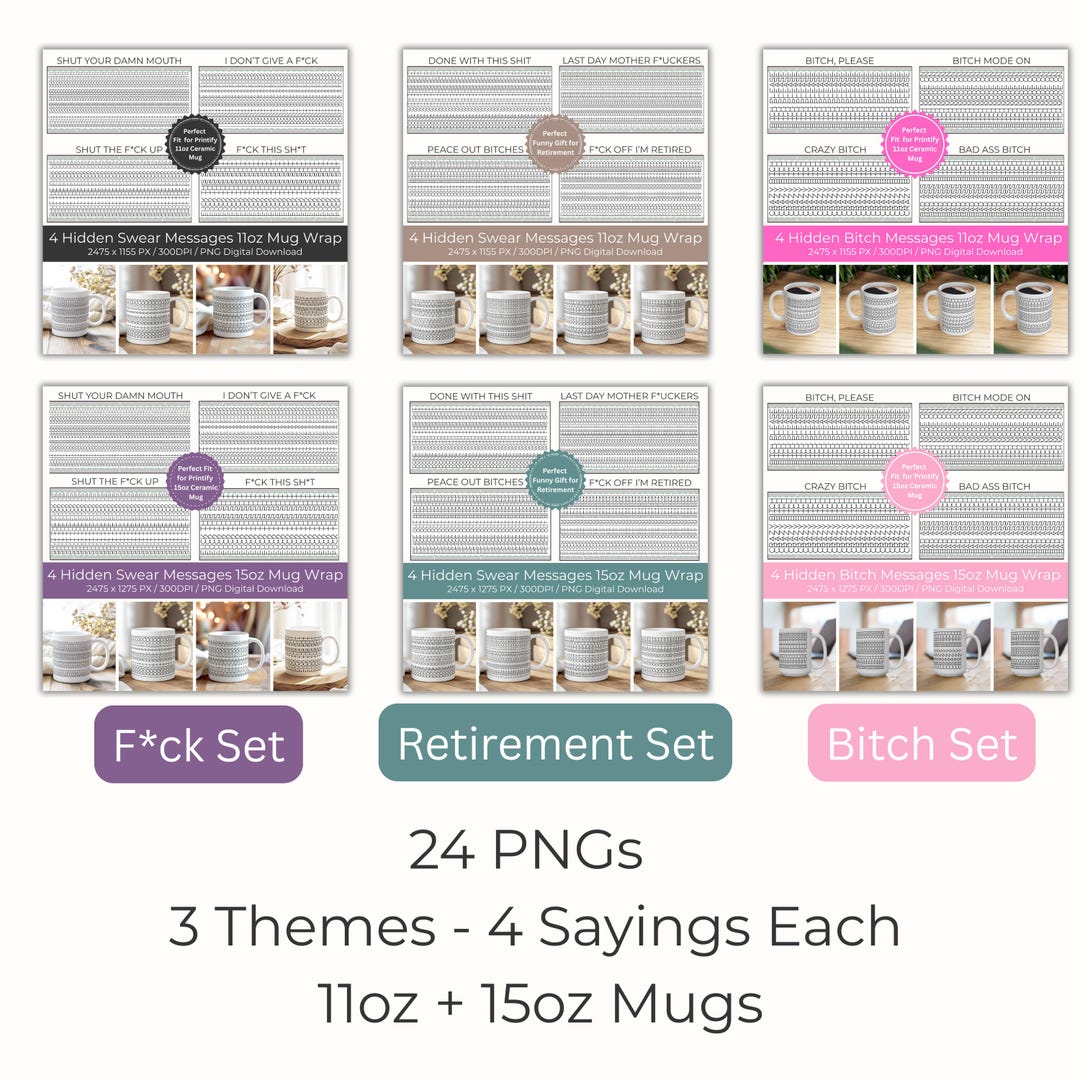 Hidden Message Mug Wrap Bundle: Funny Swear Word PNG Designs for 11oz ...