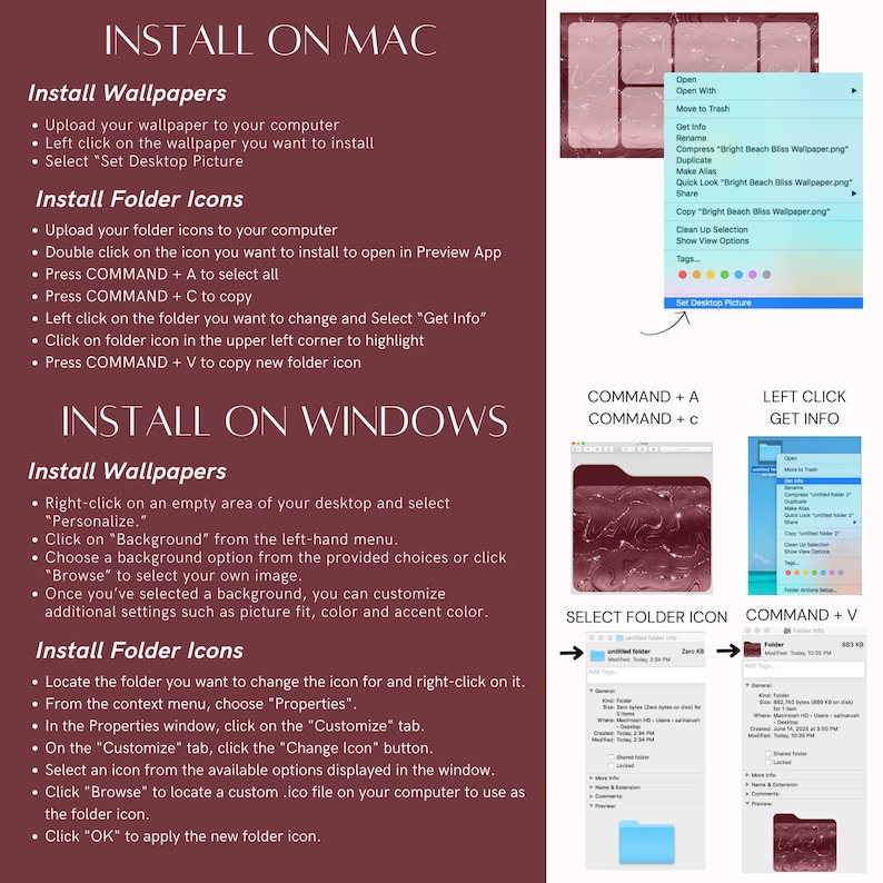 Luxury Maroon Desktop Folder Icon Pack for Mac & Windows, Glitter Glam ...