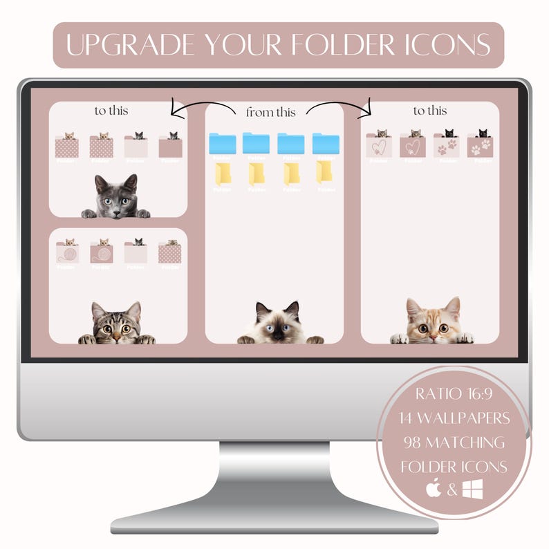 Peeking Cats Folder Icon Pack, Beige Whimsical Wallpaper Organizer, Cat ...