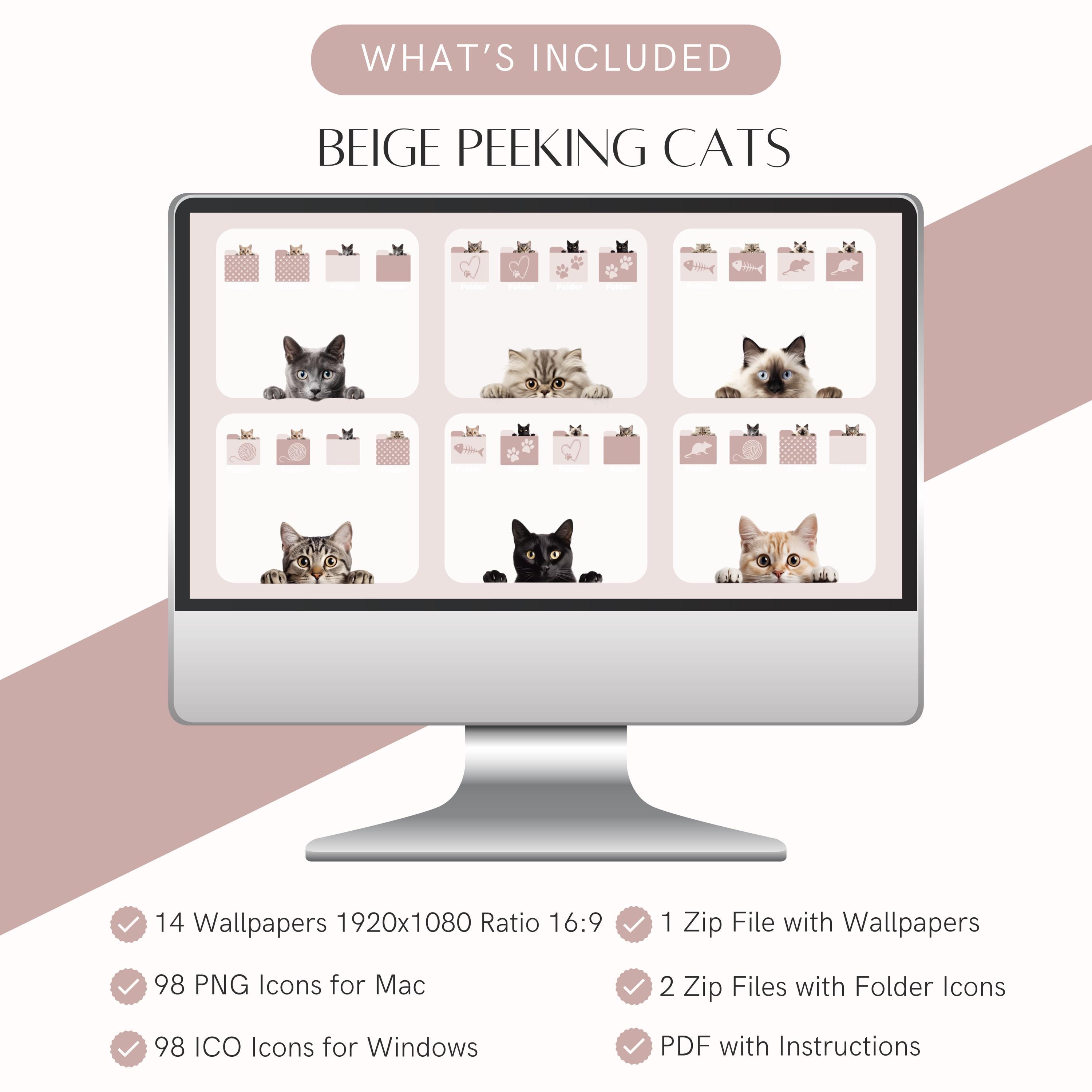 Peeking Cats Folder Icon Pack, Beige Whimsical Wallpaper Organizer, Cat ...