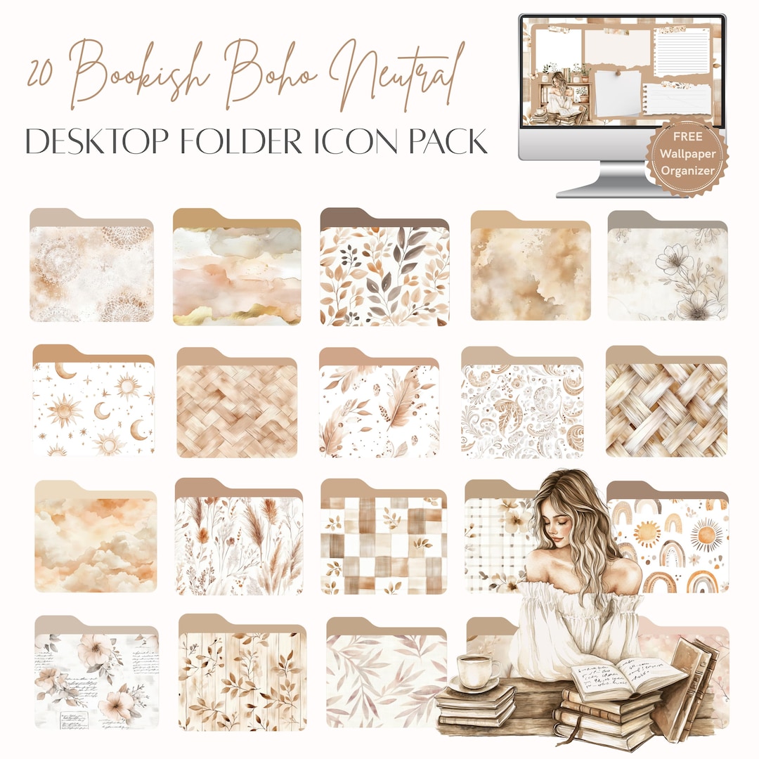 Boho Neutral Desktop Folder Icon Pack + Wallpaper Organizer, 20 Beige ...