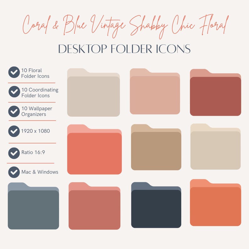 Coral & Blue Folder Icon Pack, Shabby Chic Wallpaper Organizer, Vintage ...