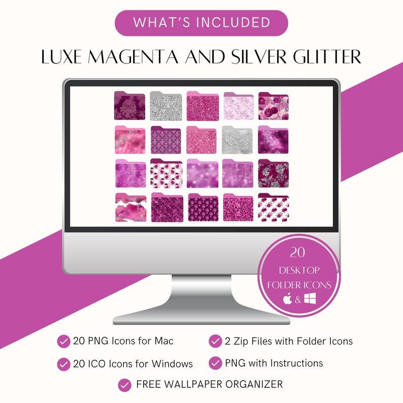Pink Glitter Folder Icon Pack for Mac and Windows, Magenta Glitz & Glam ...