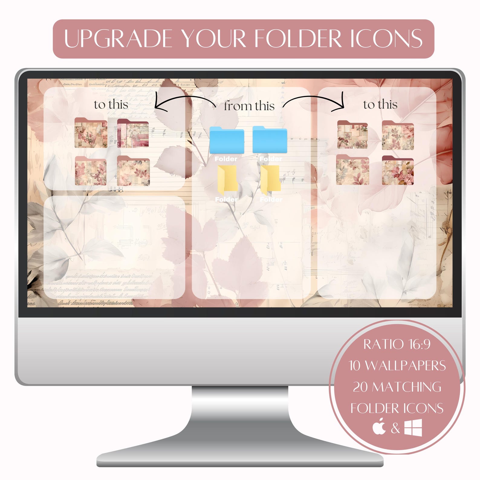 Mauve Floral Folder Icon Pack, Shabby Chic Wallpaper Organizer, Vintage ...