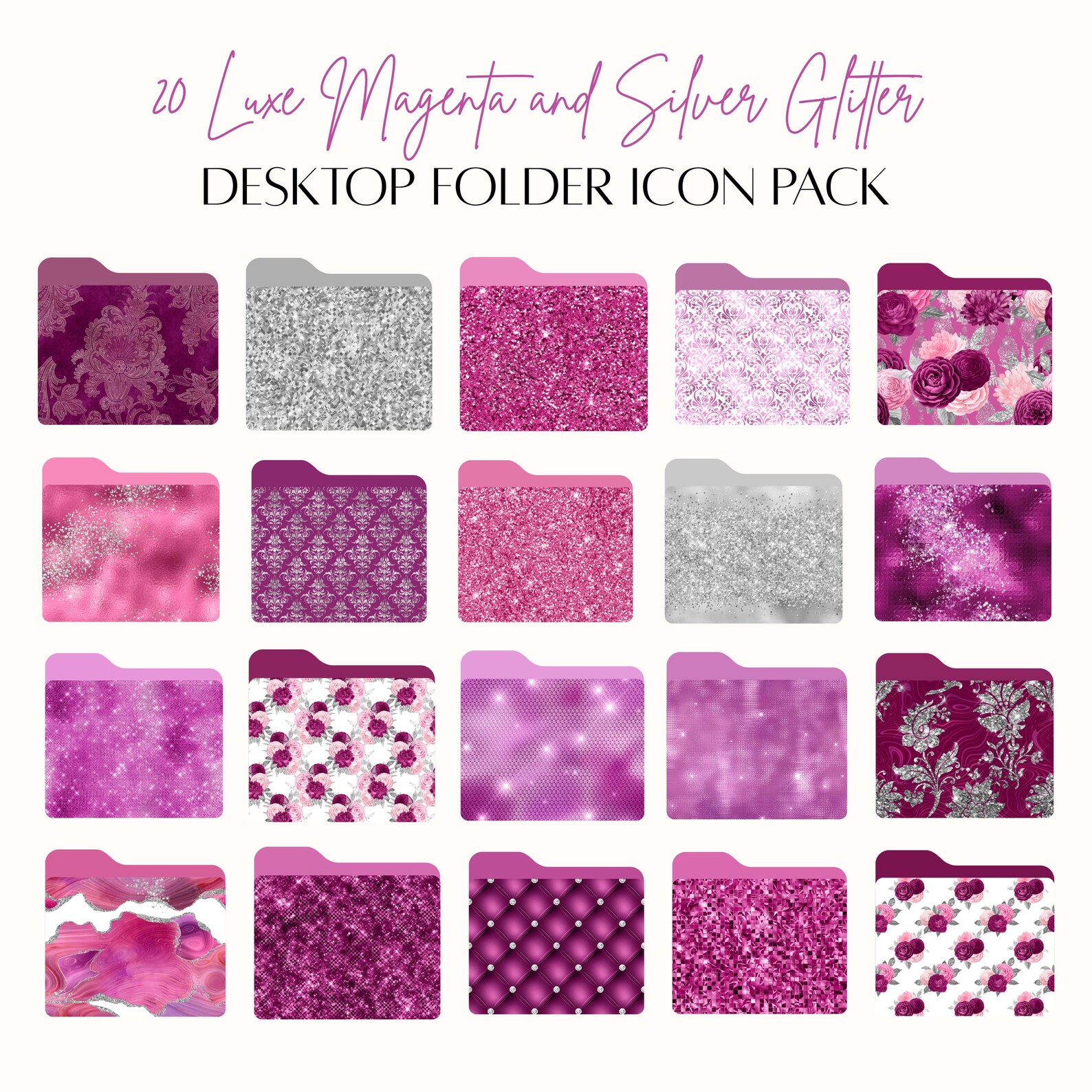 Pink Glitter Folder Icon Pack for Mac and Windows, Magenta Glitz & Glam ...