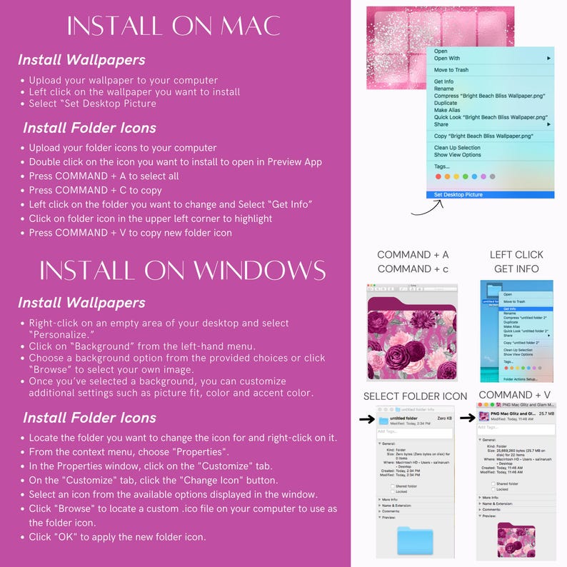 Pink Glitter Folder Icon Pack for Mac and Windows, Magenta Glitz & Glam ...