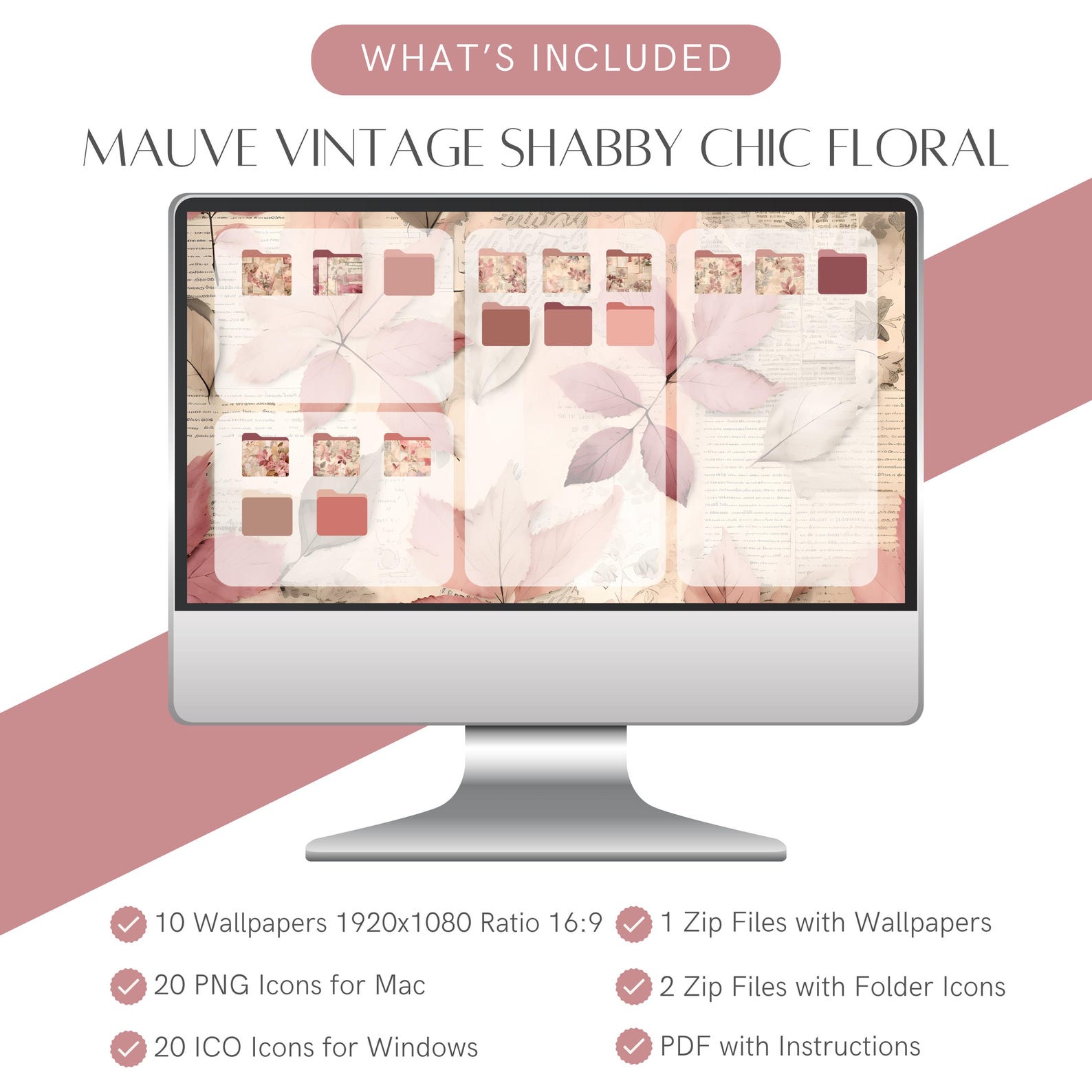 Mauve Floral Folder Icon Pack, Shabby Chic Wallpaper Organizer, Vintage ...