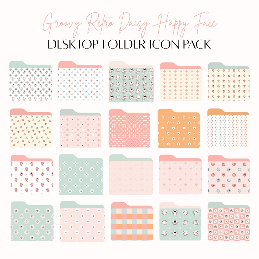 Groovy Vibes Mint Green and Pink Retro Icon Pack Daisy Happy Face ...