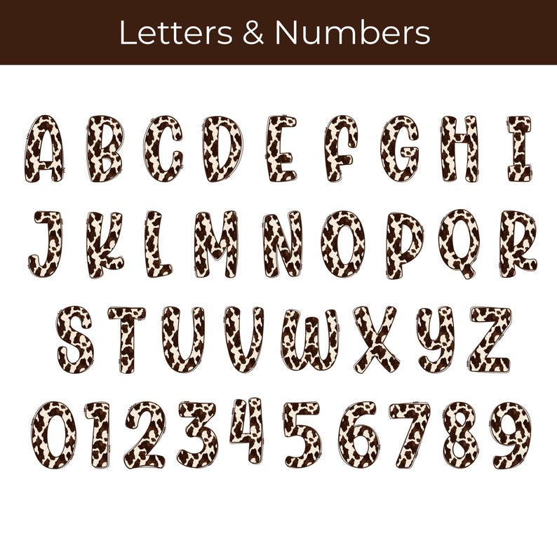 Brown Cow Print Alphabet PNG Doodle Letters and Numbers Clipart Set - Etsy