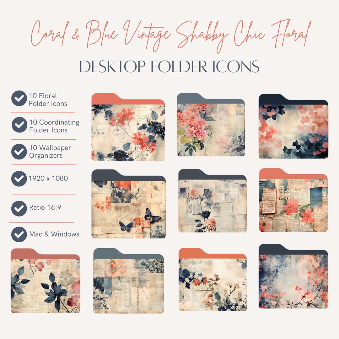Coral & Blue Folder Icon Pack, Shabby Chic Wallpaper Organizer, Vintage ...