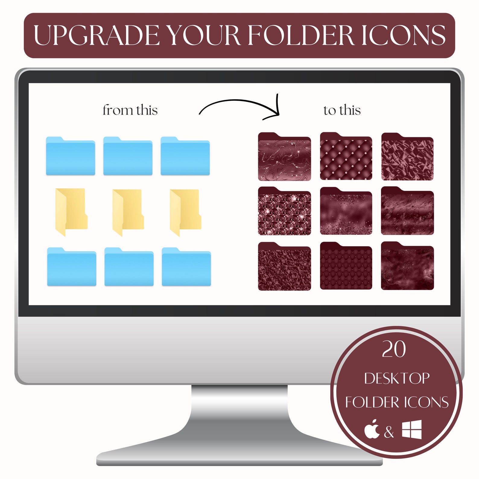 Luxury Maroon Desktop Folder Icon Pack for Mac & Windows, Glitter Glam ...