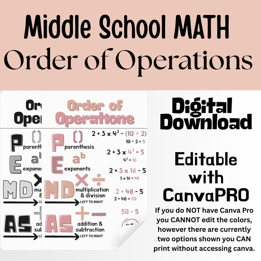 Order of Operations PEMDAS Middle School Math Anchor Chart Poster - Etsy