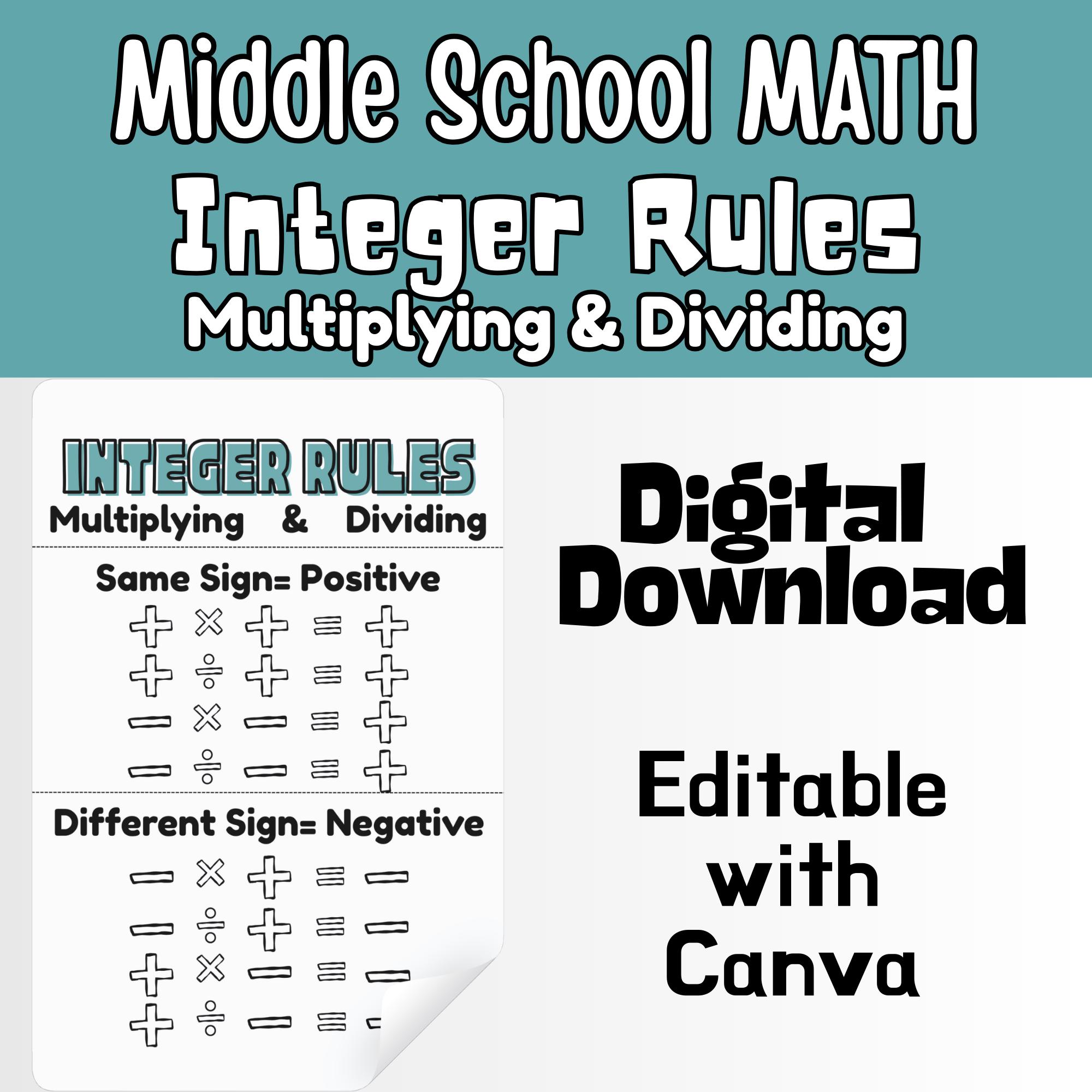 Multiplying Dividing Integers Anchor Chart Middle School Math Rules