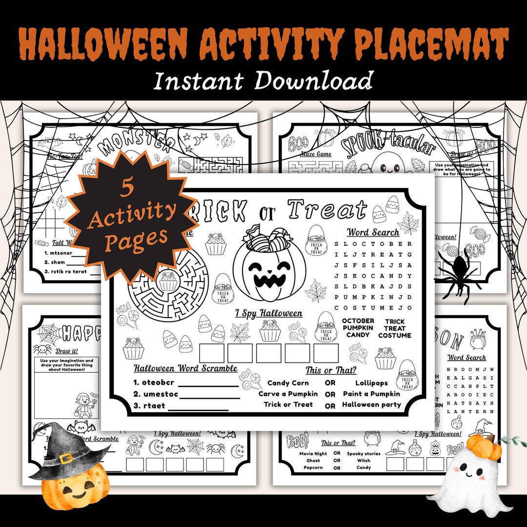 Halloween Activity Placemats | 5 Printable Fall Worksheets | Coloring ...