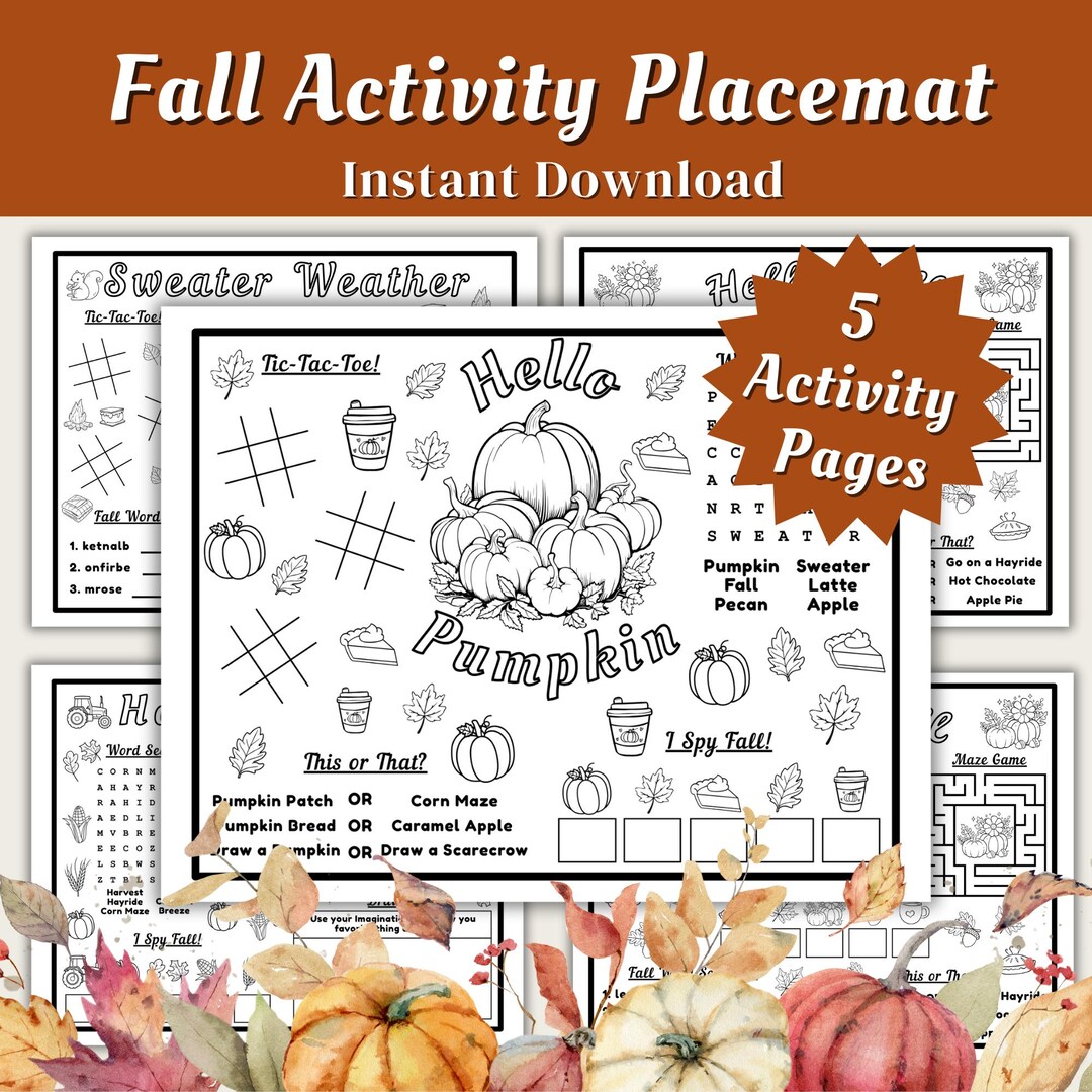Fall Activity Placemats for Kids – Printable Autumn Games, Coloring ...