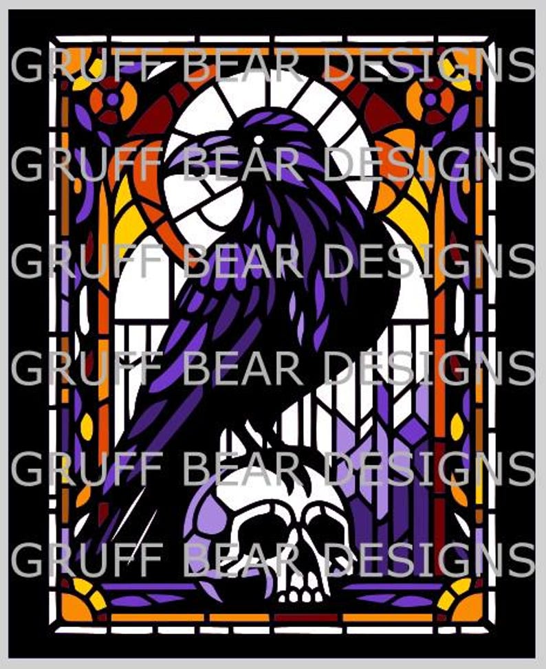 Raven on Skull Halloween Themed Stained Glass Design Layered SVG ...