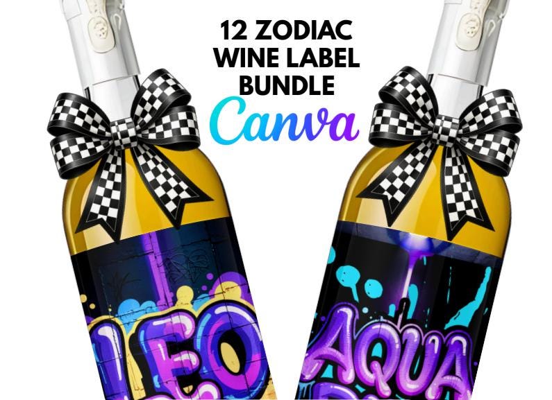Zodiac Wine Label | Set of Editable Canva Templates | Set of 12 Zodiac ...