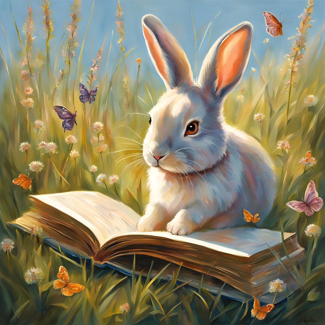Cute Bunny Reading Tales in the Meadow - Etsy