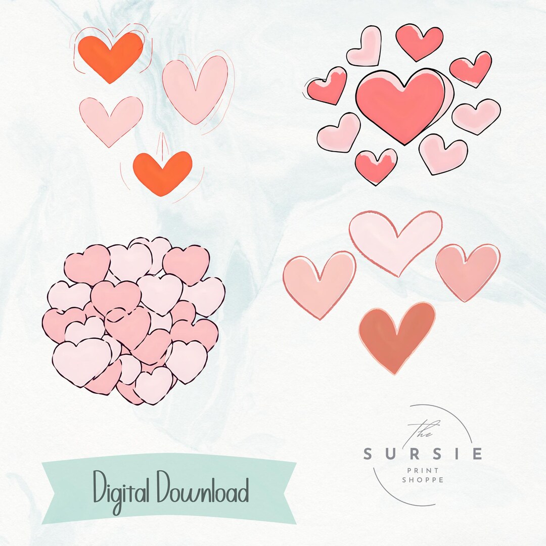Heart Cluster PNG Bundle (4 Designs) – Pink & Coral Doodle Hearts, Love ...