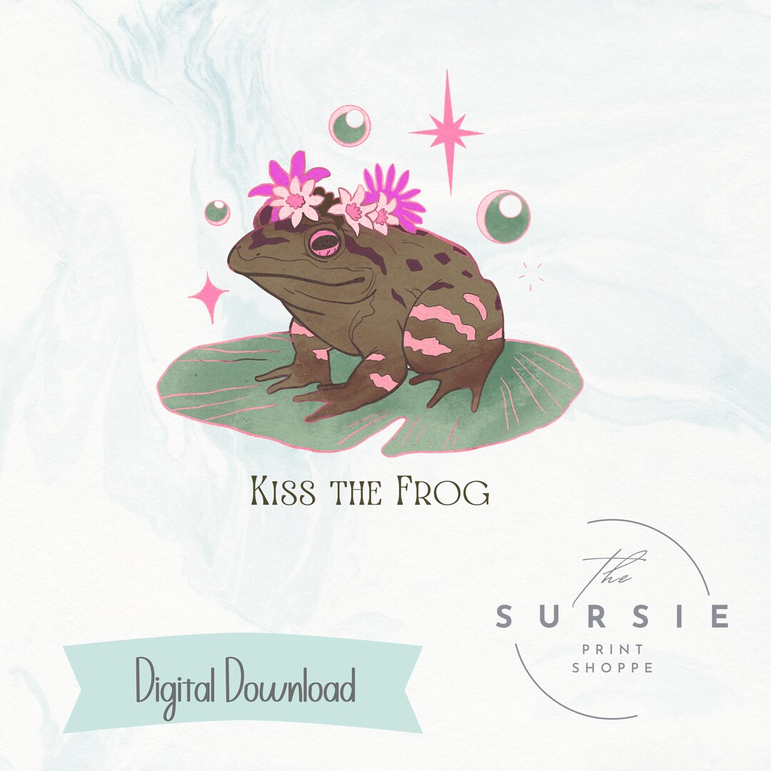 Cute Retro Frog PNG Design, Floral Crown Frog Illustration With “kiss ...