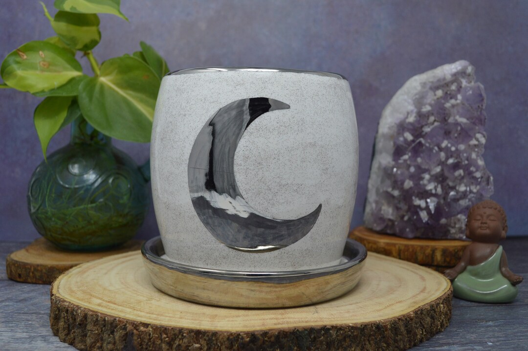 White Gold Crescent Moon With REAL GOLD and Glitter Planter - Ceramic ...