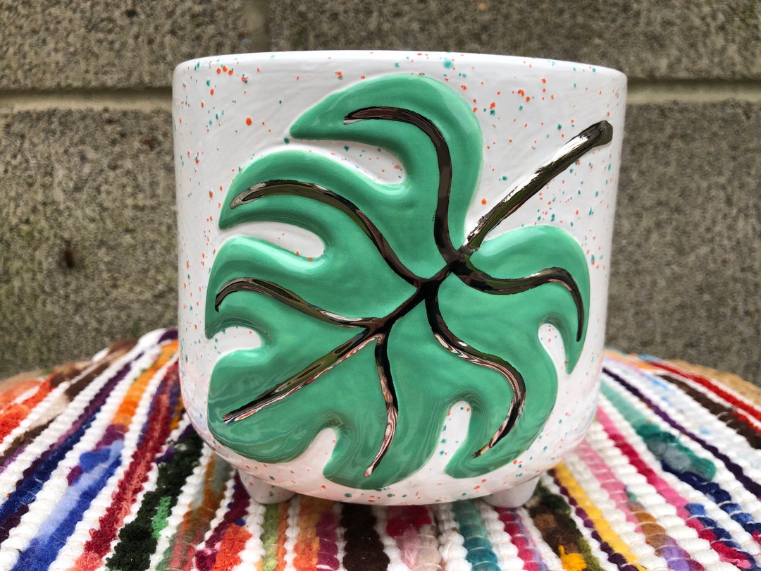 White and Jade Green Speckled Monstera Leaf and REAL White GOLD Ceramic ...