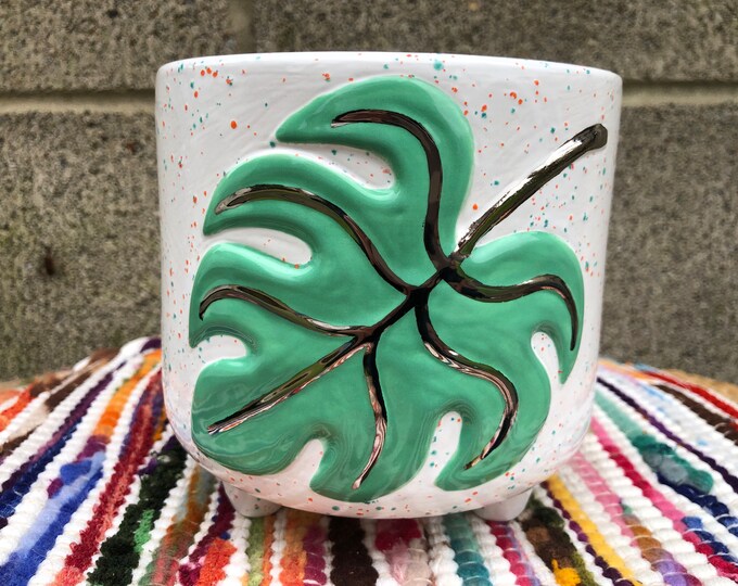 White and Jade Green Speckled Monstera Leaf and REAL White GOLD Ceramic ...