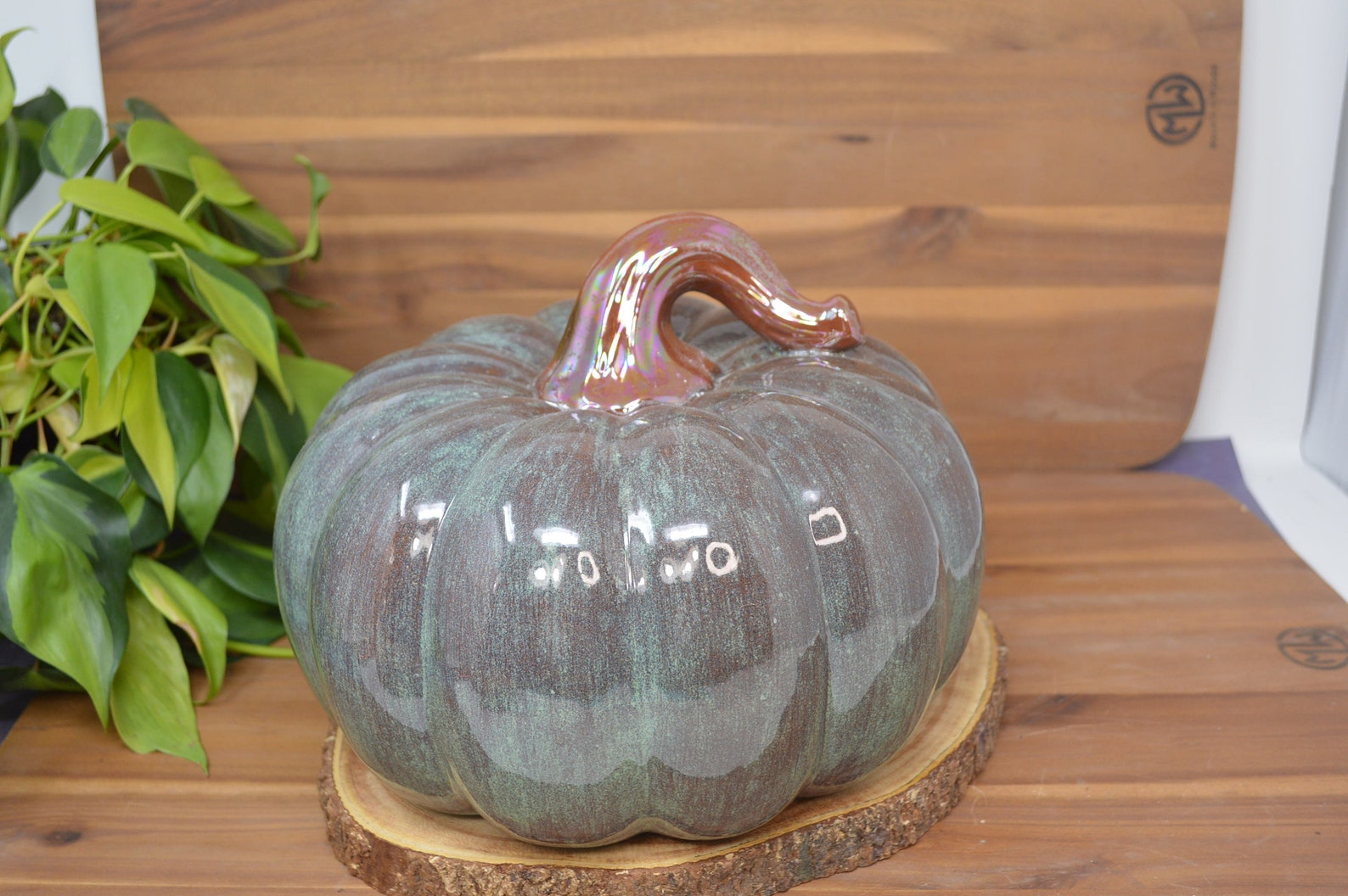 Giant Gourd Ceramic Pumpkin - Rustic Riverstone Green and Mother of ...