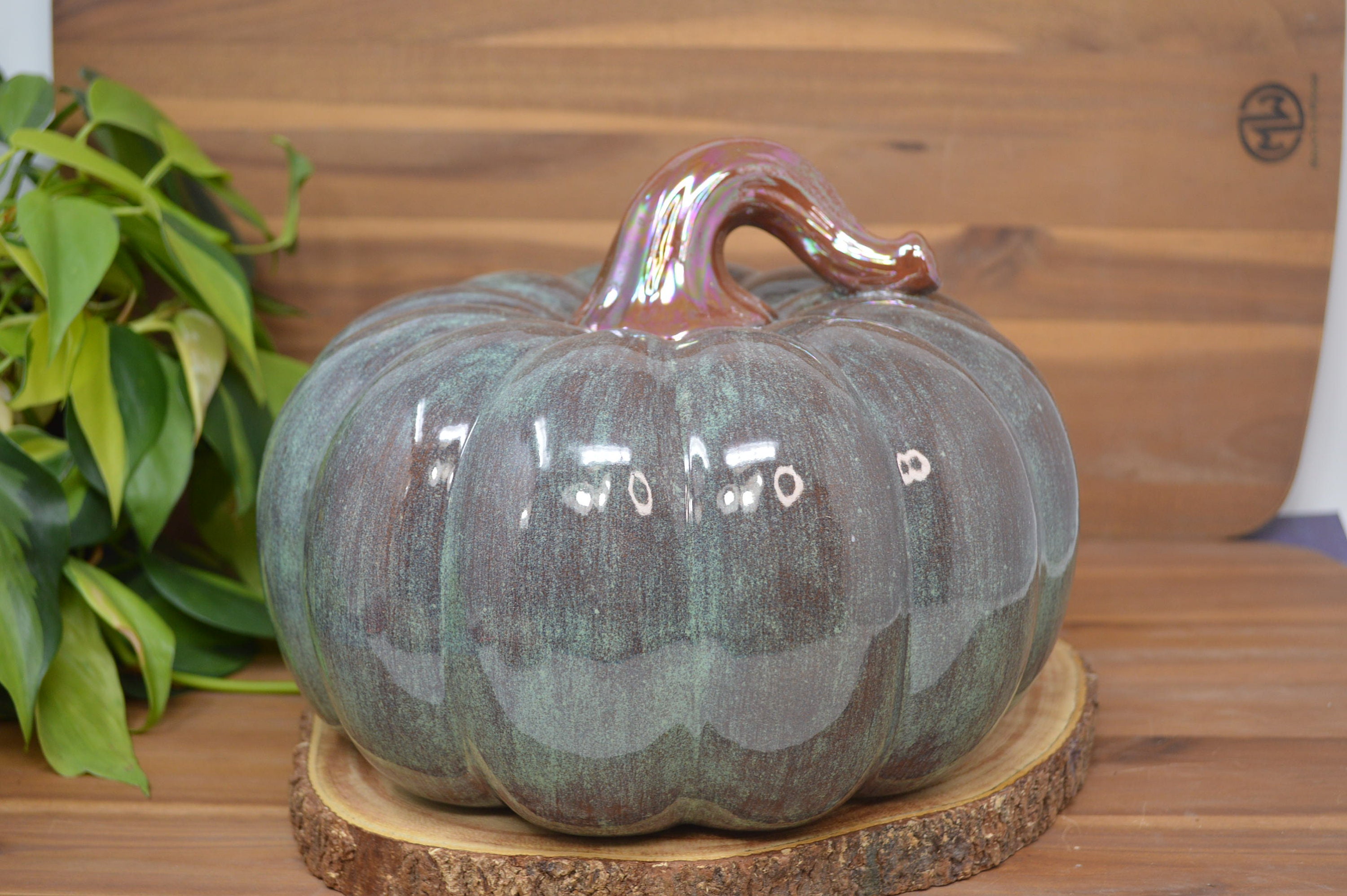 Giant Gourd Ceramic Pumpkin - Rustic Riverstone Green and Mother of ...