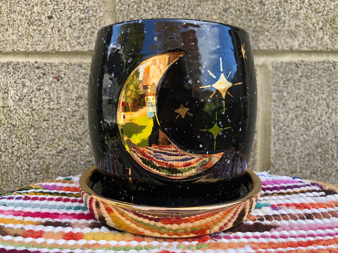 Silver Crescent Moon With REAL GOLD and Black White Starry Night Sky ...