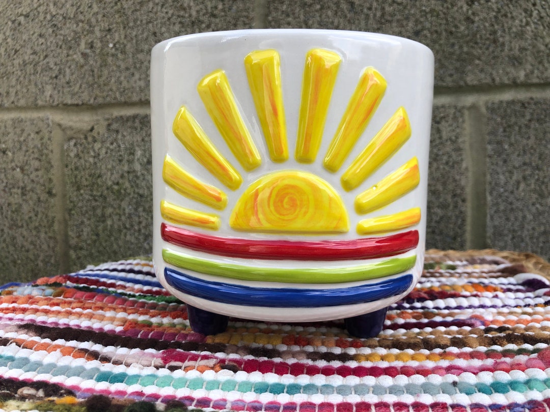 Rainbow Striped Sunburst Ceramic Flower Pot - Office Planter - Colorful ...
