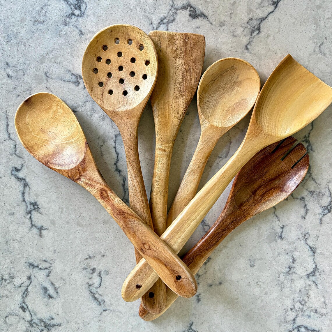 Set of 6 Wooden Utensil Set, Premium Teak Kitchen Utensils Set Includes ...