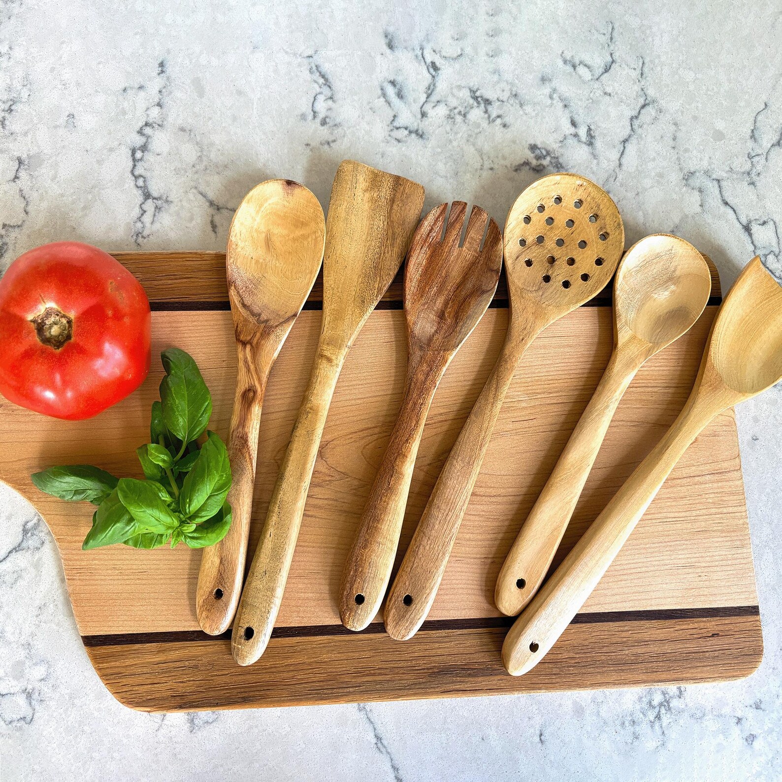 Set of 6 Wooden Utensil Set, Premium Teak Kitchen Utensils Set Includes ...