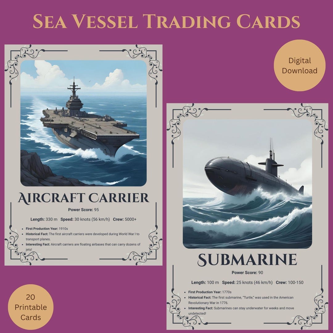 Sea Vessel Trading Cards | 20 Printable Card With Stats, Facts & Power ...