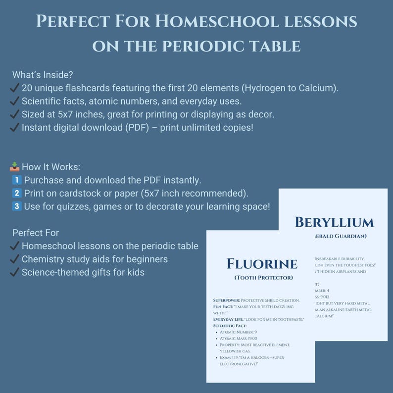 Periodic Table Flashcards for Kids | First 20 Elements | 20 Printable ...