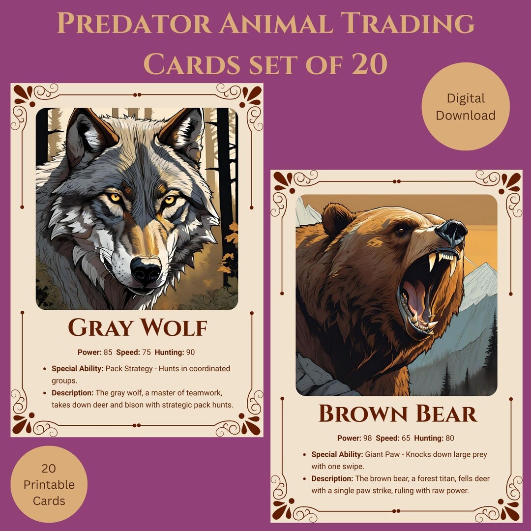Predator Animal Trading Cards: Wild Kings Card Game (printable PDF) - Etsy