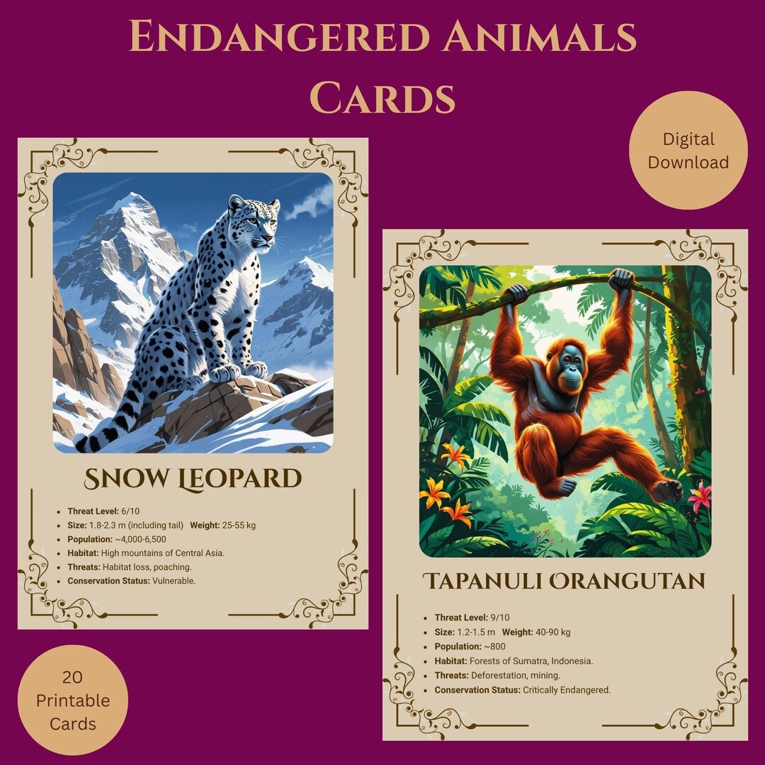 Endangered Animals Cards | 20 Digital Educational Cards | Endangered ...