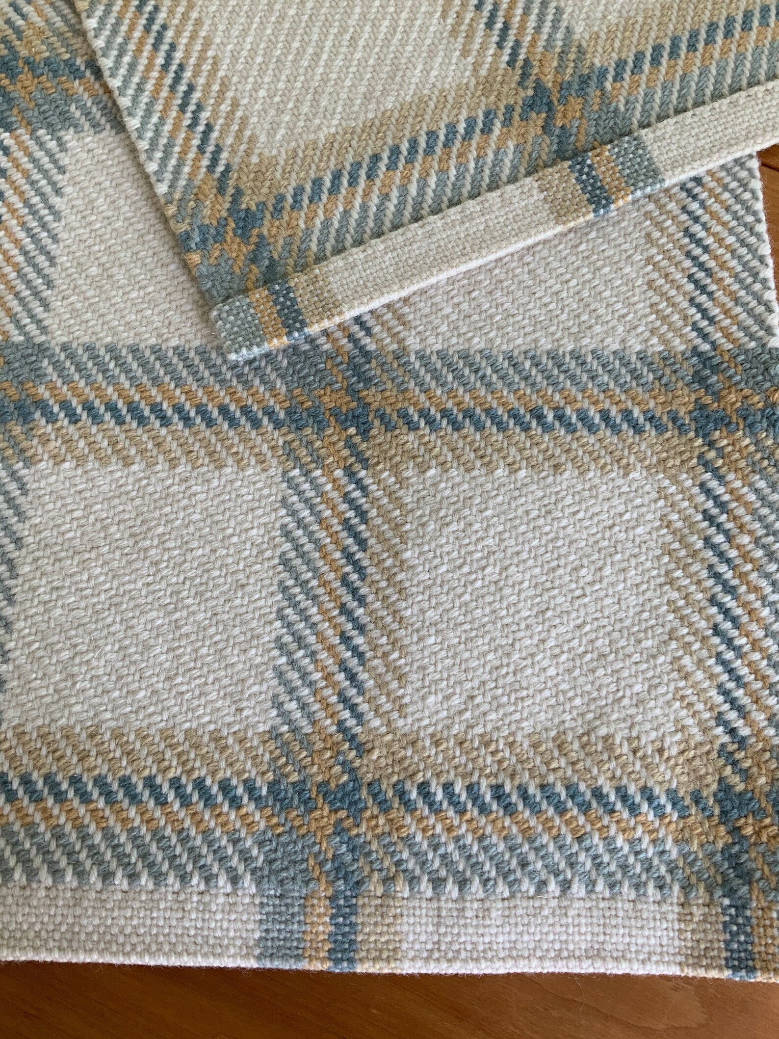 Hand Woven Carpet Wool Runner Window-pane Plaid, Blues Cream Wool Plaid ...