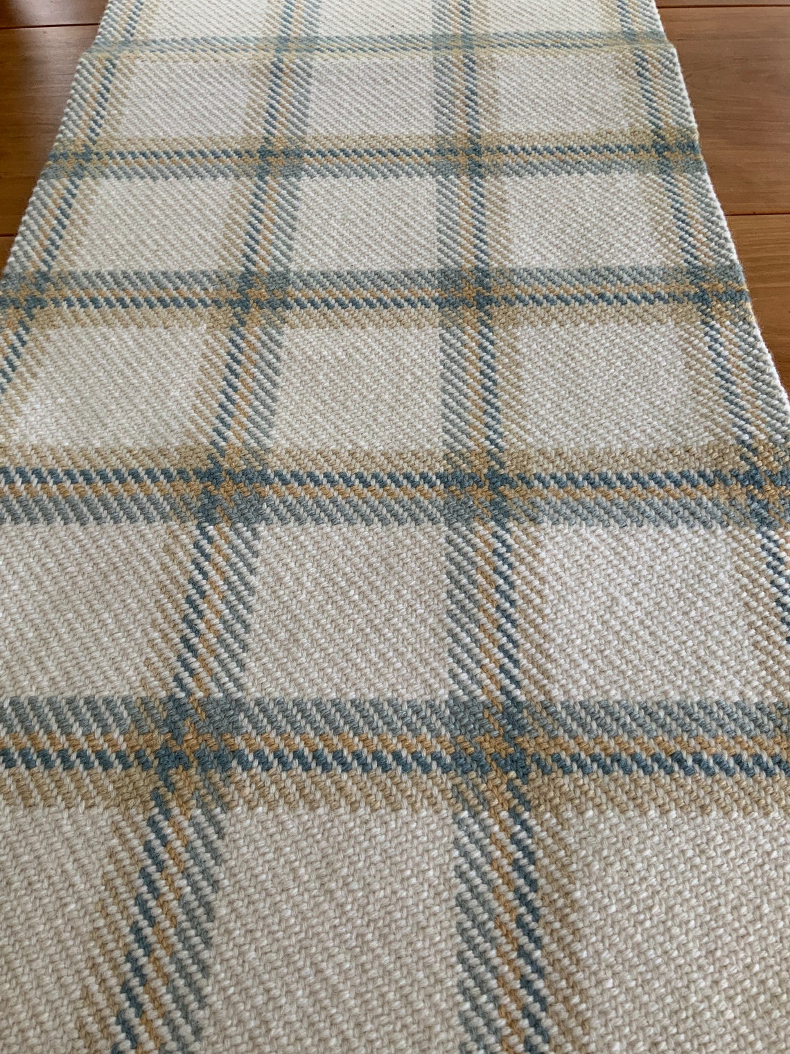 Hand Woven Carpet Wool Runner Window-pane Plaid, Blues Cream Wool Plaid ...