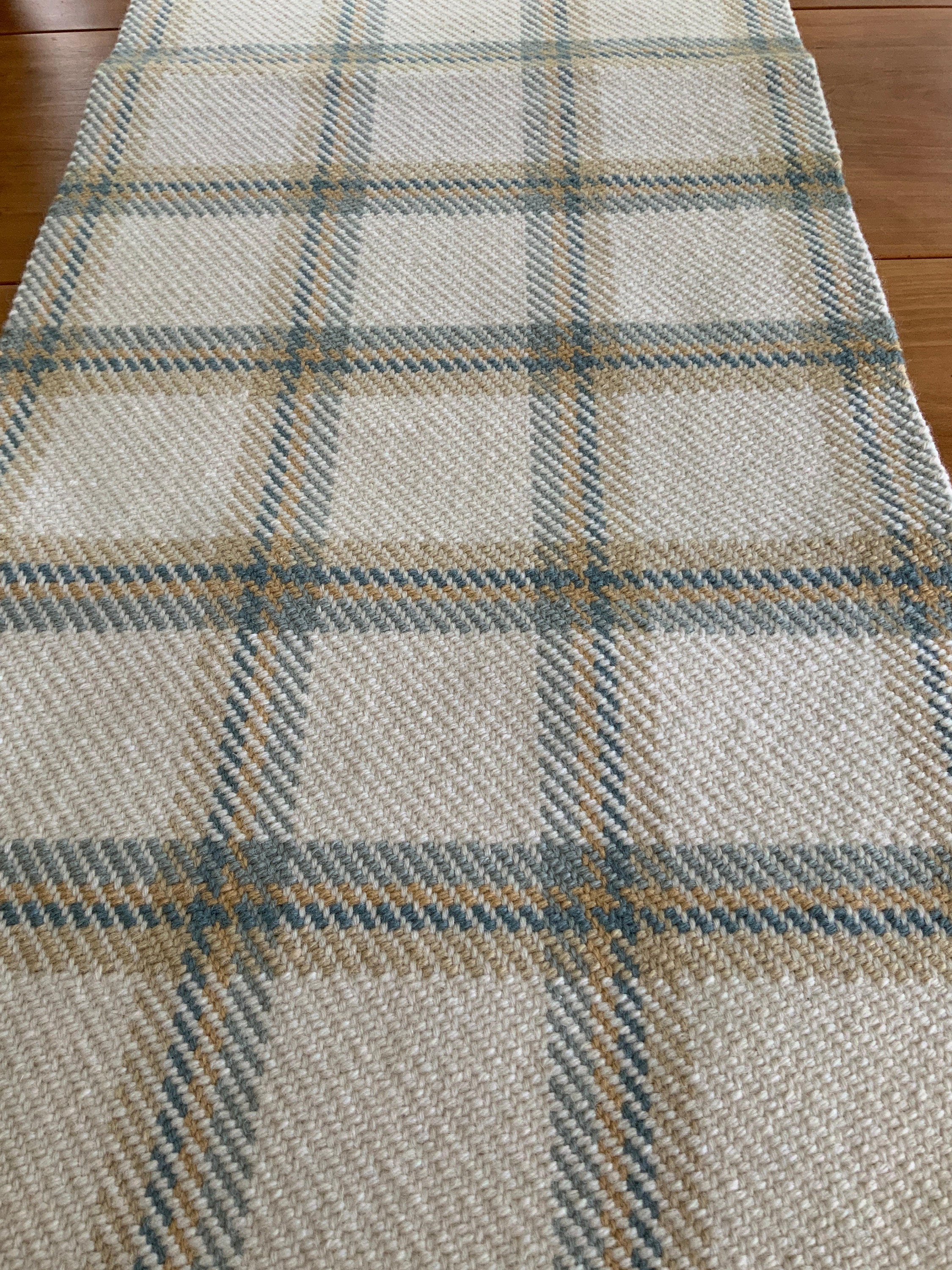 Hand Woven Carpet Wool Runner Window-pane Plaid, Blues Cream Wool Plaid ...