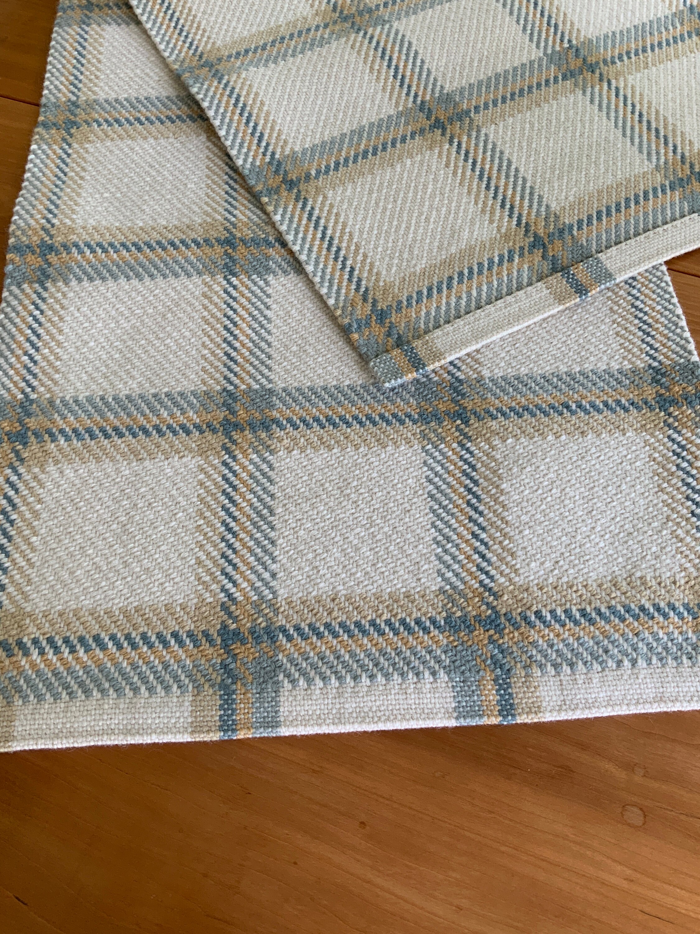 Hand Woven Carpet Wool Runner Window-pane Plaid, Blues Cream Wool Plaid ...