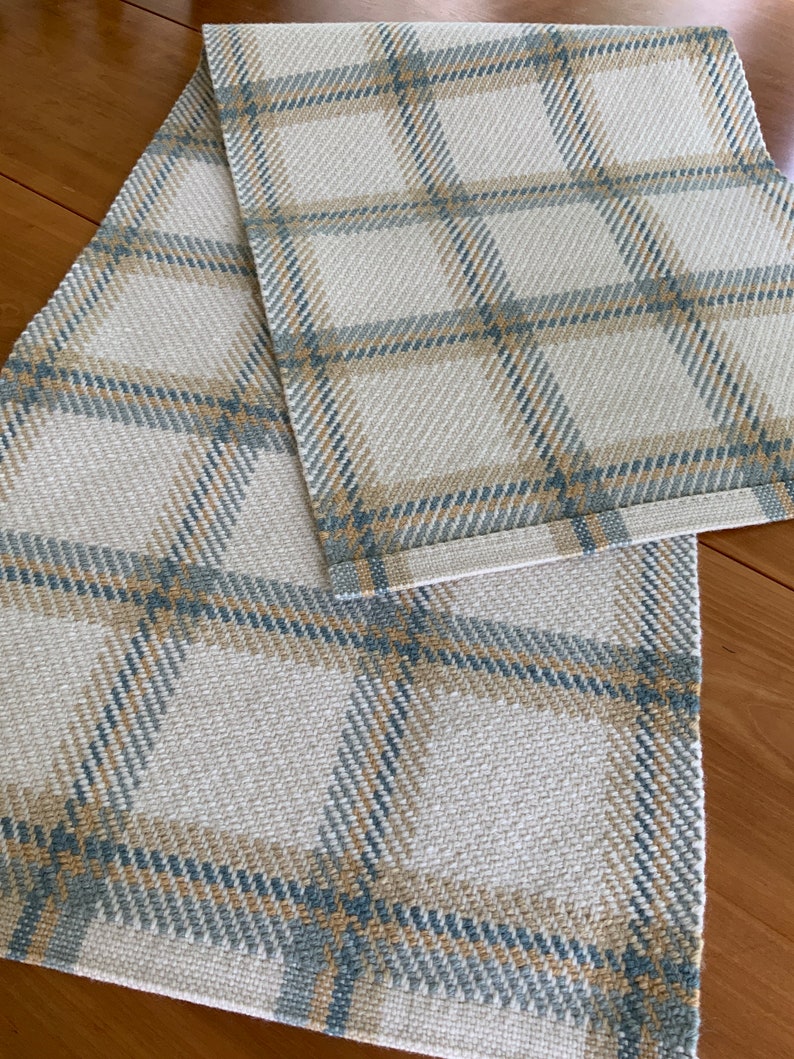 Hand Woven Carpet Wool Runner Window-pane Plaid, Blues Cream Wool Plaid ...