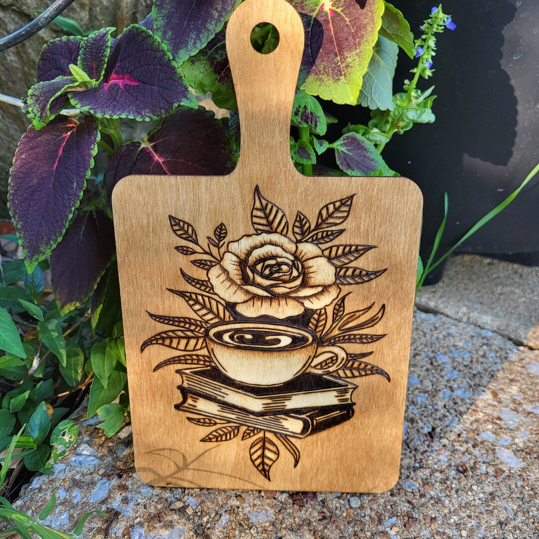 Made to Order. Hand Wood Burned Coffee and Books Cutting Board. Decor ONLY. Cottage Core. Nature ...