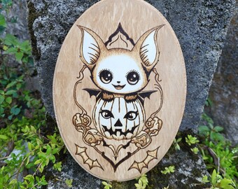 Made to Order. Hand Wood Burned Kawaii Alien With Pumpkin Wall Hanging ...
