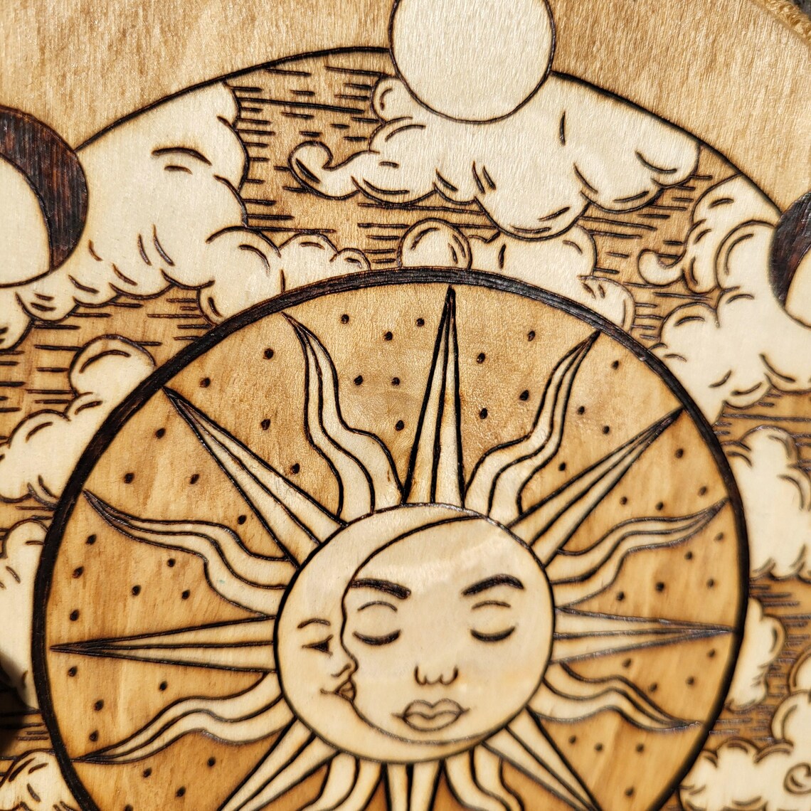 Wood Burned Moon Phase Wall Hanging, Celestial Sun Decor - Etsy