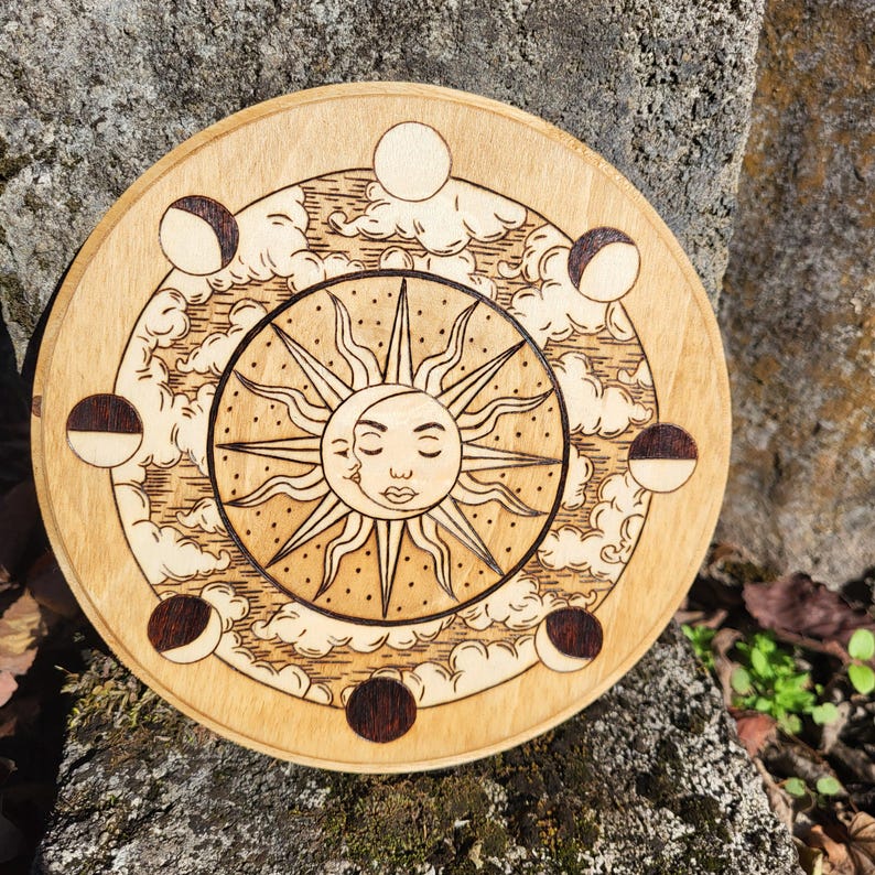Wood Burned Moon Phase Wall Hanging, Celestial Sun Decor - Etsy