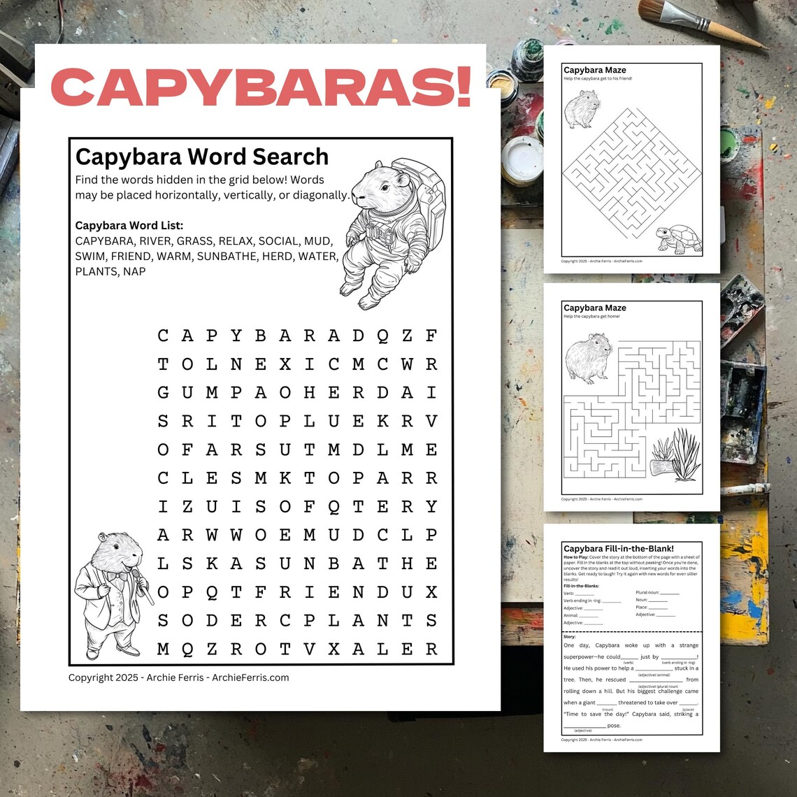 Capybara Activity Pack – 18 Pages of Mazes, Word Searches & Funny Fill ...