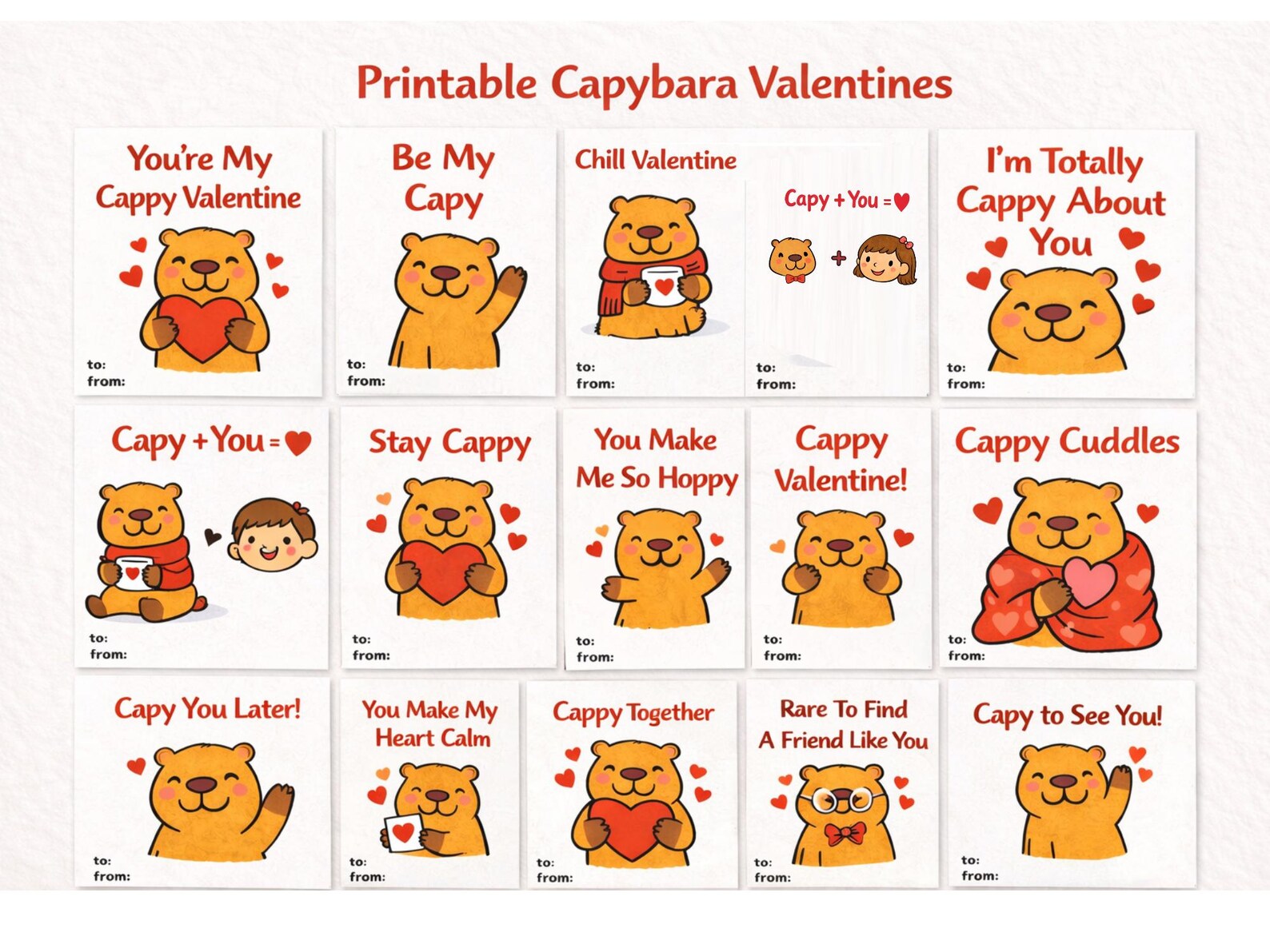 Capybara Valentines Printable – Classroom Valentine Cards, Instant ...