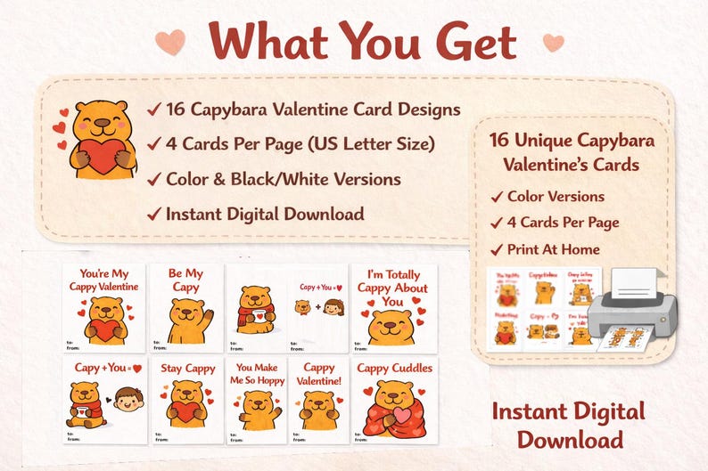 Capybara Valentines Printable – Classroom Valentine Cards, Instant ...
